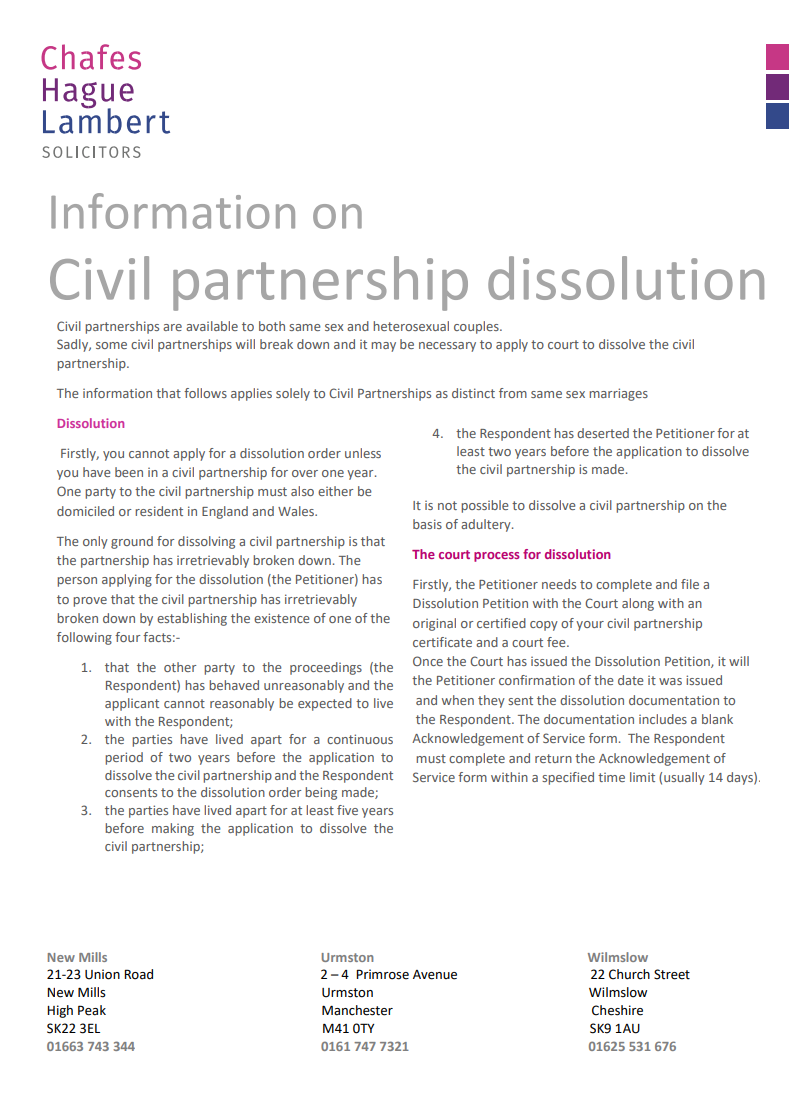 Civil Partnership Dissolution - Chafes Hague Lambert